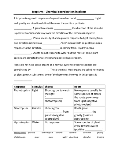 Chemical coordination in plants - 3 worksheets + starter - Tropisms ...