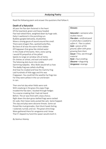 Analysing Poetry - Death of a Naturalist | Teaching Resources