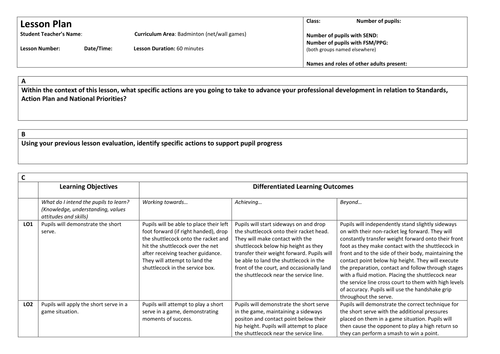 Badminton Lesson Plan (Outstanding) | Teaching Resources