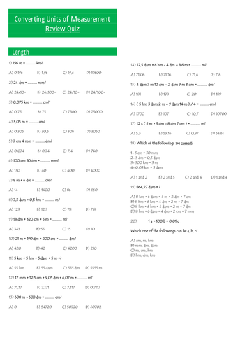 Measurement - Revision TEST | Teaching Resources