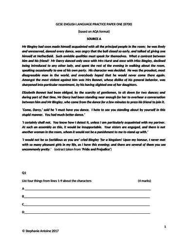 GCSE ENGLISH LANGUAGE PRACTICE PAPER ONE (4) | Teaching Resources