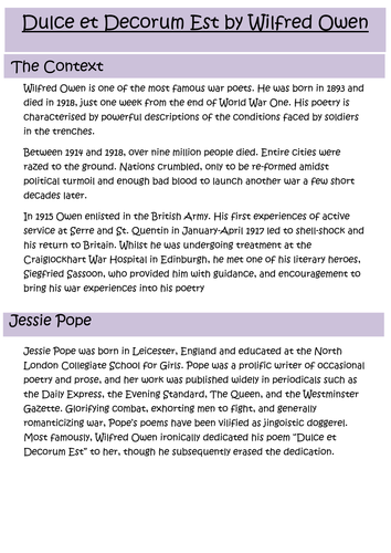 Dulce et Decorum Est Revision Notes and PPT | Teaching Resources
