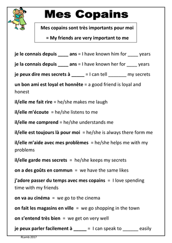 French - Friends Vocabulary Sheet (Mes copains/Mes amis) | Teaching ...