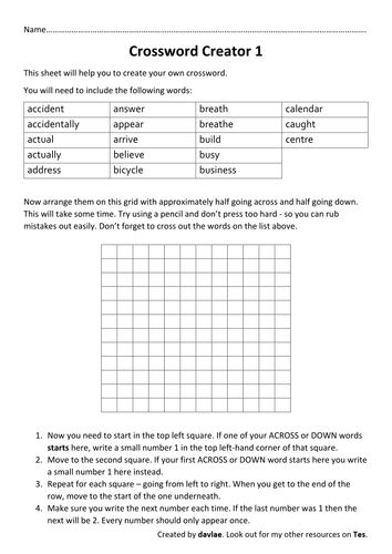 Crossword Creator Year 3 and 4 Word List | Teaching Resources