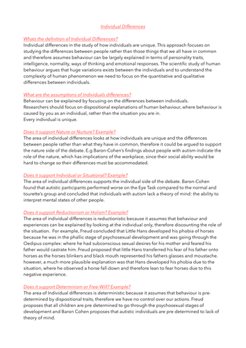 Psychology A Level Overview Of The Individual Differences Area 7501
