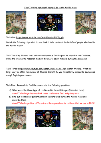 Medieval Life Homework Tasks | Teaching Resources