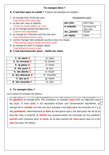 French KS3 GCSE Manger bien: food & healthy living speaking mat ...