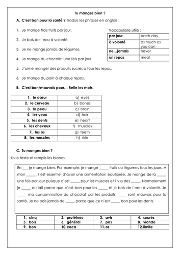 French KS3 GCSE Manger bien: food & healthy living speaking mat ...