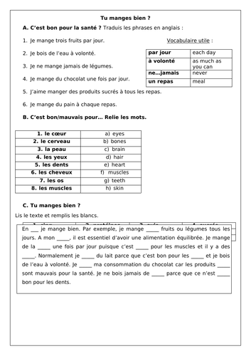 French KS3 GCSE Manger bien: food & healthy living speaking mat ...