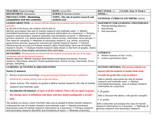 Market research Methods used and Sampling Lesson Plan. 'MS word doc ...