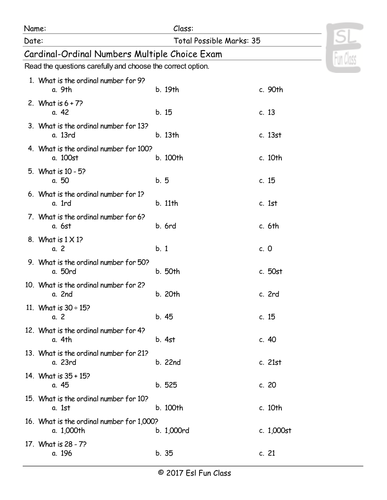 Cardinal-Ordinal Numbers Multiple Choice Exam | Teaching Resources Cardinal-Ordinal Numbers Multiple Choice Exam | Teaching Resources
