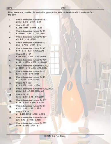 Cardinal-Ordinal Numbers Multiple Choice Worksheet | Teaching Resources