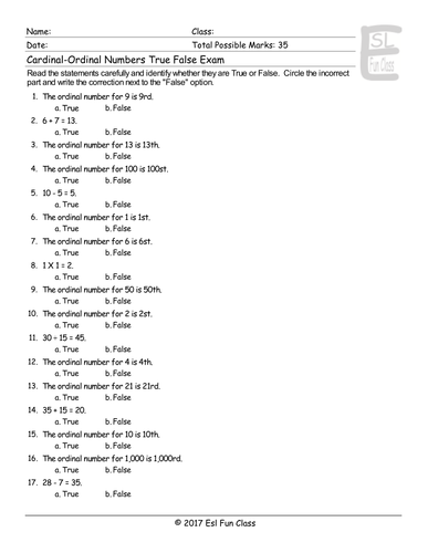 Cardinal-Ordinal Numbers True False Exam | Teaching Resources