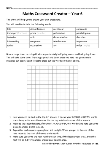 Maths Crossword Creator - Year 6 | Teaching Resources