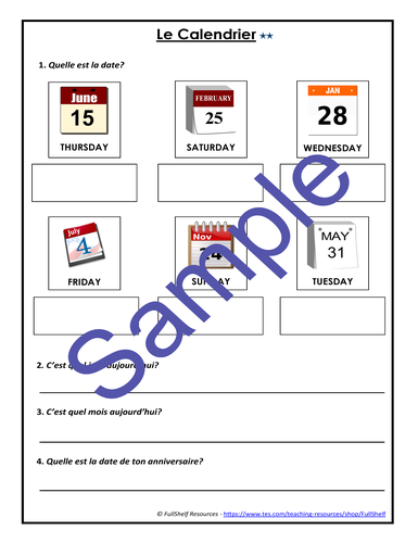 French Calendar Puzzles / Worksheets (Days, Months, Dates) | Teaching ...