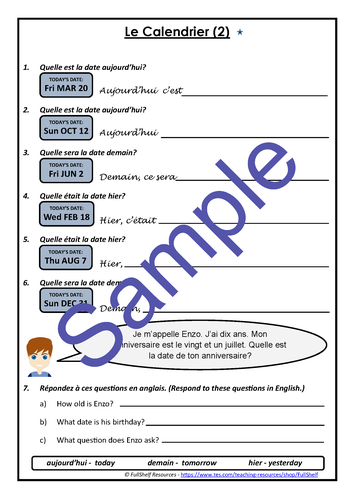 French Calendar Puzzles / Worksheets (Days, Months, Dates) | Teaching ...
