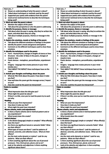 Unseen Poetry Checklist/Marking Sheet | Teaching Resources
