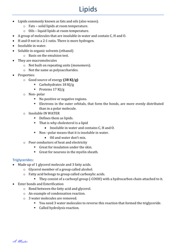 Lipids Notes | Teaching Resources