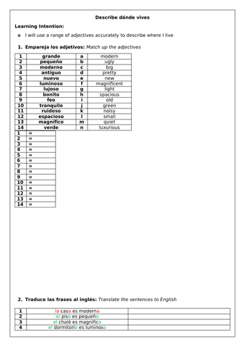 Spanish KS3 Mi Casa: House & Home and Adjective Agreement Worksheet ...