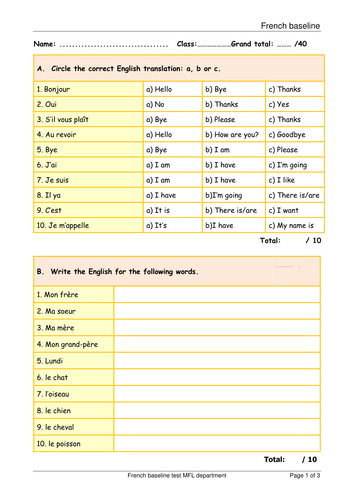 French baseline test year 7 | Teaching Resources