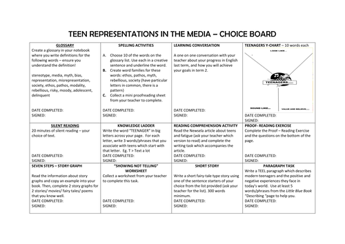 Choice board - Teen Representation | Teaching Resources