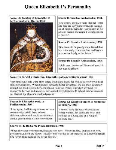 Source Investigation: Queen Elizabeth I 1558 - 1603 | Teaching Resources