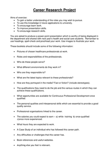 HEALTH AND SOCIAL CARE CAREER RESEARCH PROJECT (to develop independence ...