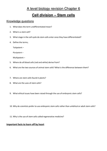 A level Biology OCR Chapter 6 Cell Division revision homework sheets ...