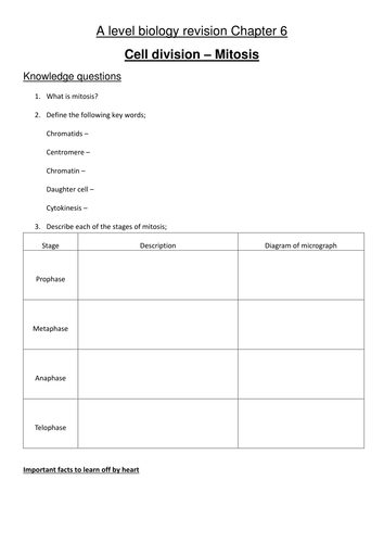 A level Biology OCR Chapter 6 Cell Division revision homework sheets ...