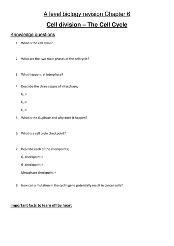 A level Biology OCR Chapter 6 Cell Division revision homework sheets ...