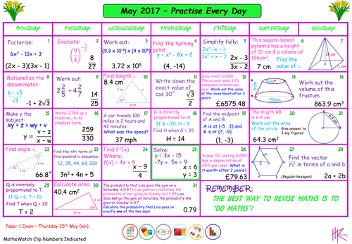 May Daily Revision Calendar - with MathsWatch clip numbers | Teaching ...
