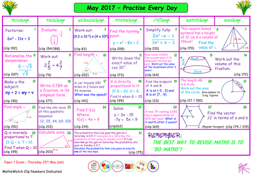 May Daily Revision Calendar - with MathsWatch clip numbers | Teaching ...