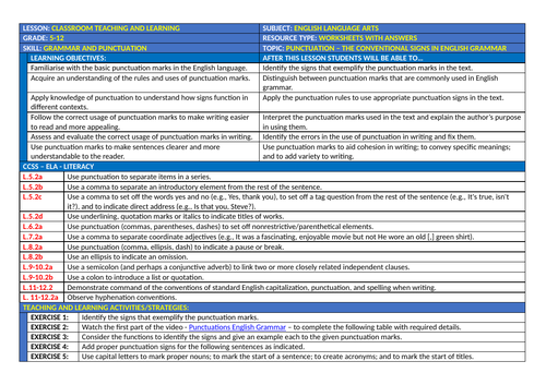 PUNCTUATION - CONVENTIONAL SIGNS IN ENGLISH GRAMMAR: 20 WORKSHEETS WITH ...