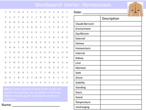 Science Biology Homeostasis Wordsearch Crossword Anagrams Keyword ...
