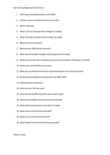 Knowledge test 1886-1914 | Teaching Resources