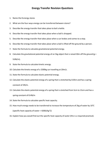 Energy Transfer Revision Mat & Questions | Teaching Resources