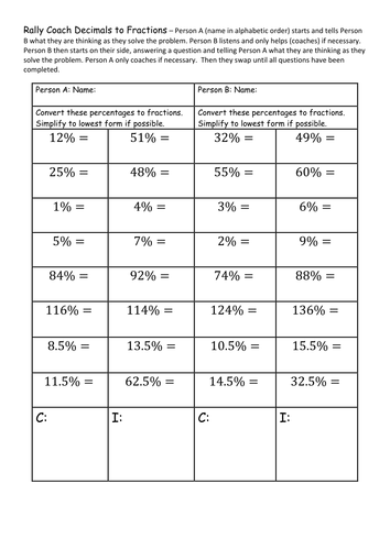 Percentages to Fractions - Rally Coach (Kagan) | Teaching Resources