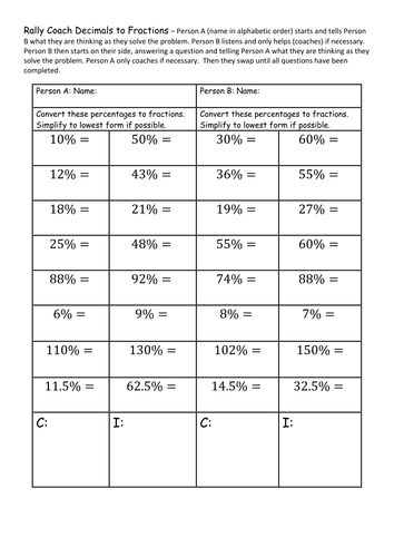 Percentages to Fractions - Rally Coach (Kagan) | Teaching Resources