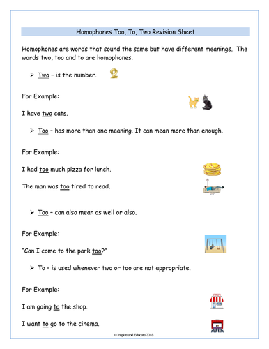 Homophones: Too, To and Two | Teaching Resources