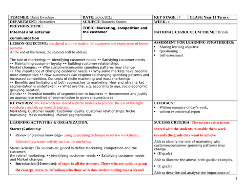 Marketing, competition and the customer Lesson Plan 'MS word doc ...