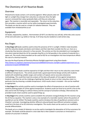UV reactive beads rates of reaction investigation for ages 7-18 ...