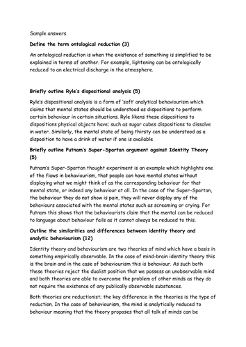 Identity Theory Vs Behaviourism A revision lesson. AQA Philosophy 2715 ...