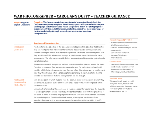 War Photographer - Carol Ann Duffy | Teaching Resources