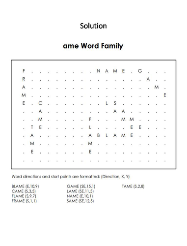 ame Word Family Word Search | Teaching Resources