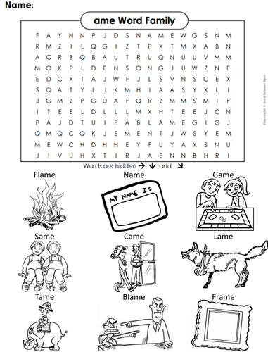 ame Word Family Word Search | Teaching Resources