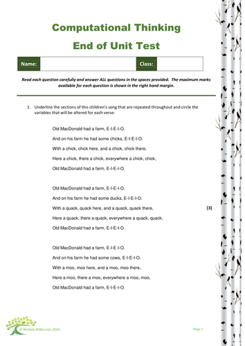 Computational Thinking End Of Unit Test Teaching Resources