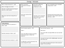 KS3 Activate Science - Energy Topic Revision Worksheet | Teaching Resources