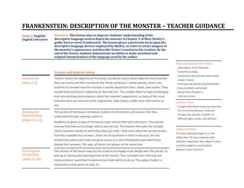 Frankenstein: Shelley's Description of the Monster! | Teaching Resources