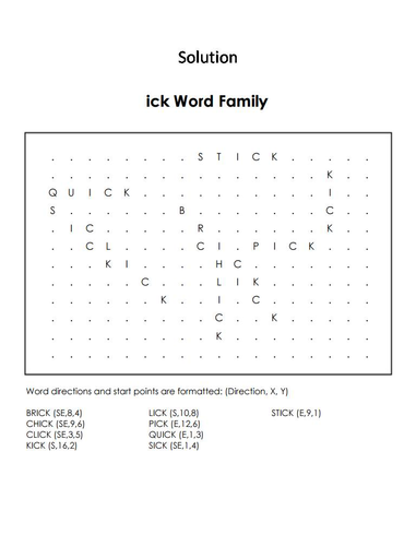 ick Word Family Word Search | Teaching Resources