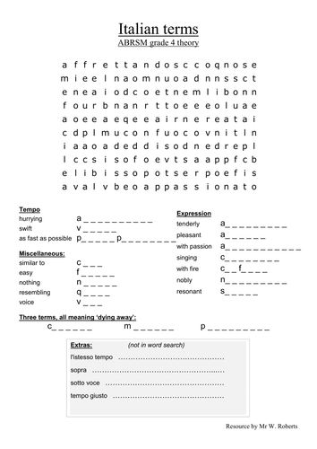 Musical terms worksheets (grade 4 theory) | Teaching Resources